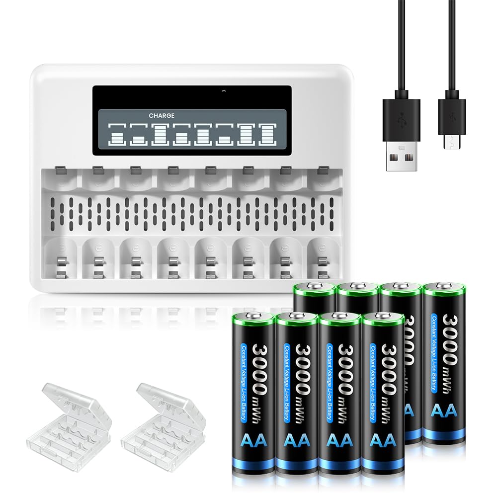 CITYORK 8 Pack Rechargeable AA Lithium Batteries with 8 Bay Charger, 8 Pack 1.5 V Rechargeable AA 3000mWh Lithium Battery with 8 Bay LCD Fast Battery Charger