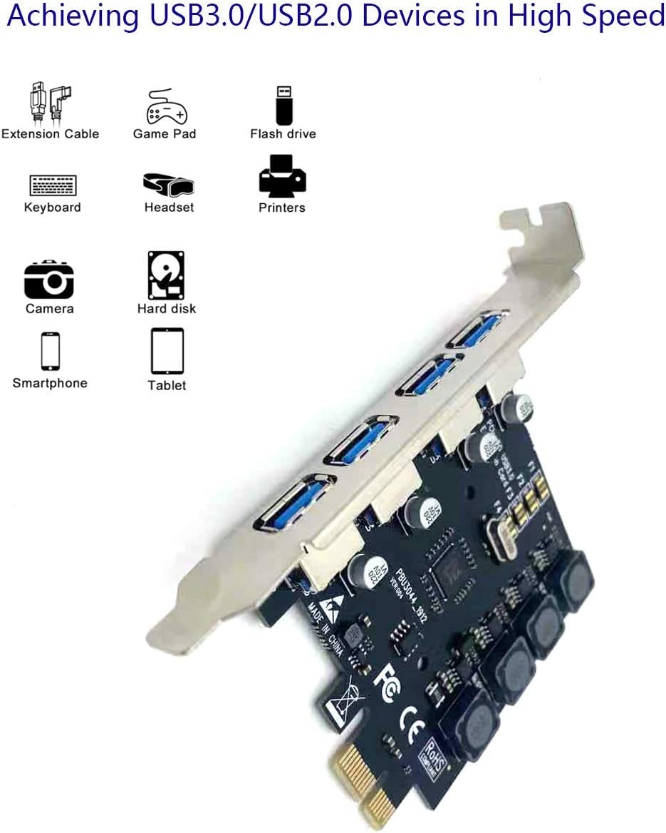 4 Ports PCIE USB 3.0 Card Super Speed 5Gbps PCI Express (PCIe) Expansion Card for Windows 11/10/8.1/8/7/Vista/XP/Server