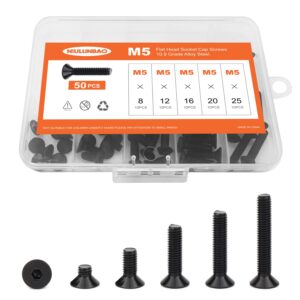 m5 x 8mm 12mm 16mm 20mm 25mm flat head socket cap screws countersunk bolts, 10.9 grade alloy steel, black oxide finish, allen hex drive, metric fully threaded, assortment kit 50pcs