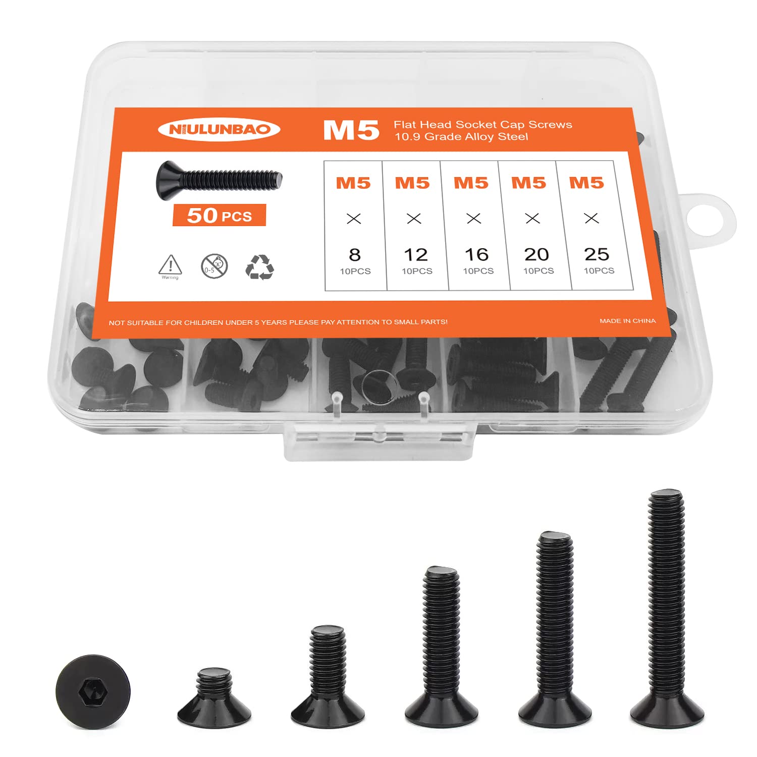 M5 x 8mm 12mm 16mm 20mm 25mm Flat Head Socket Cap Screws Countersunk Bolts, 10.9 Grade Alloy Steel, Black Oxide Finish, Allen Hex Drive, Metric Fully Threaded, Assortment Kit 50PCS