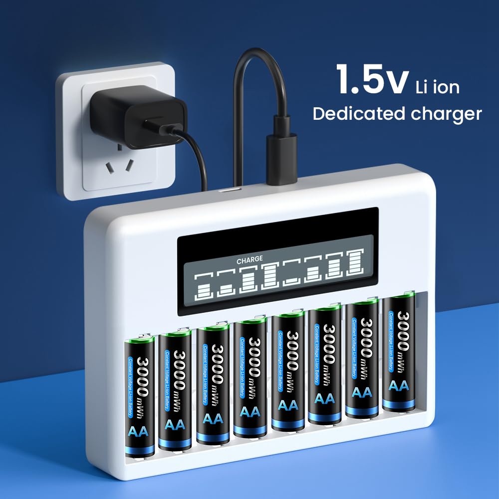 CITYORK 8 Pack Rechargeable AA Lithium Batteries with 8 Bay Charger, 8 Pack 1.5 V Rechargeable AA 3000mWh Lithium Battery with 8 Bay LCD Fast Battery Charger