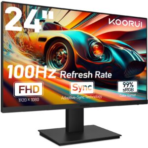 koorui 24 inch computer gaming monitor fhd 1920 x 1080p, 100hz pc monitor built-in speakers, adaptive sync compatible, ultra-slim bezels, vesa mountable, adjustable tilt, hdmi/vga ports