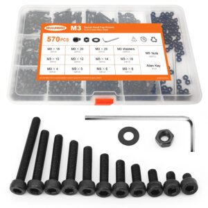 niulunbao 570pcs m3 x 4/5/6/8/10/12/14/16/18/20/25mm hex socket head cap screws bolts and nuts flat washers assortment kit, 12.9 grade alloy steel, black oxide finish, metric machine allen hex drive