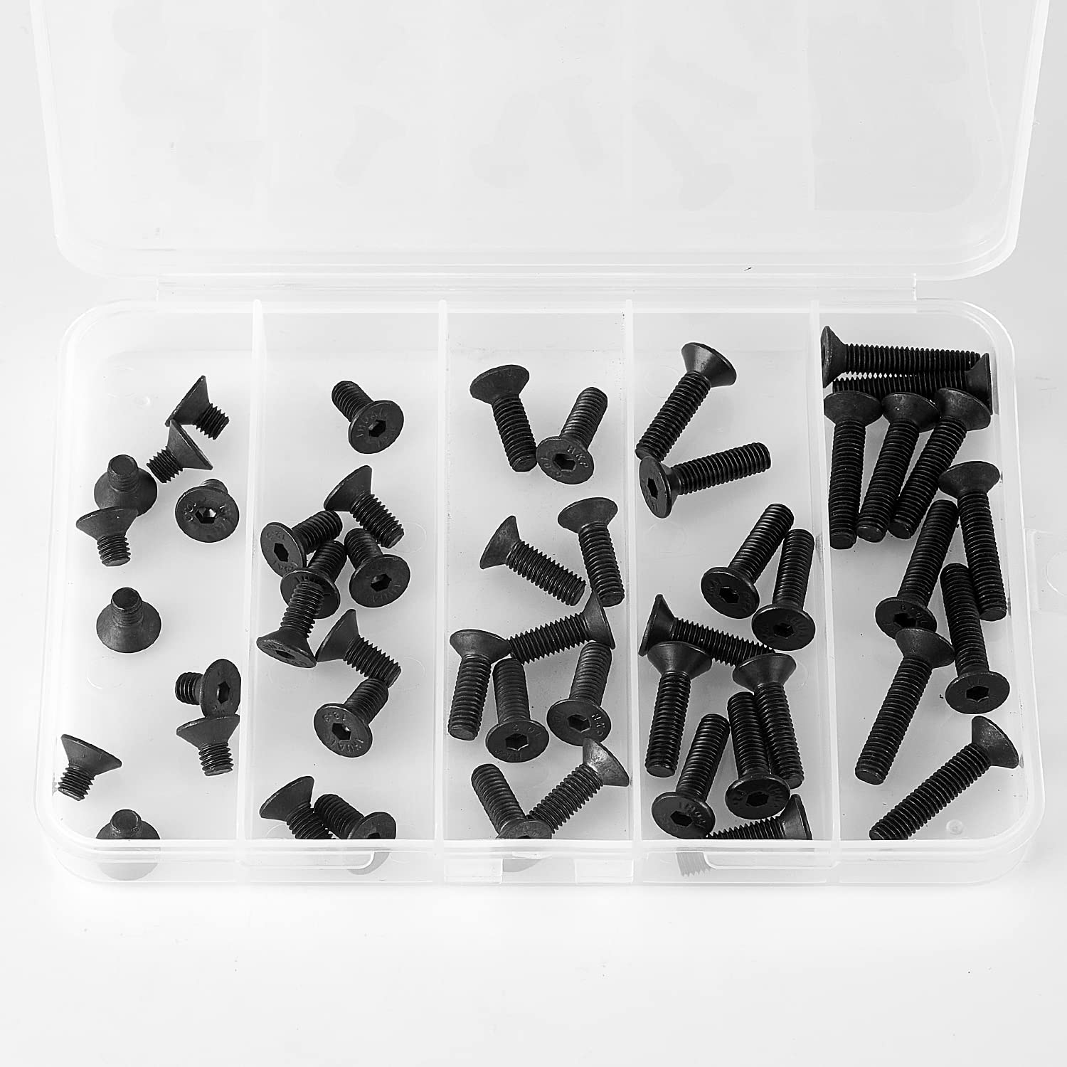 M5 x 8mm 12mm 16mm 20mm 25mm Flat Head Socket Cap Screws Countersunk Bolts, 10.9 Grade Alloy Steel, Black Oxide Finish, Allen Hex Drive, Metric Fully Threaded, Assortment Kit 50PCS