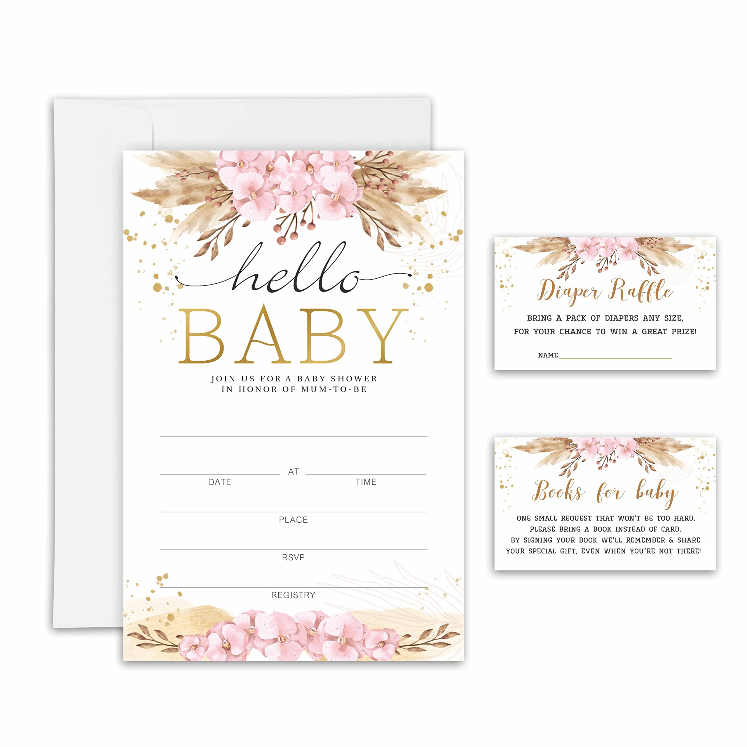 Baby Shower Invitations, Diaper Raffle Tickets and Baby Shower Book Request Cards, Blush Pink Boho Floral Baby Gender Reveal Party Supplies, Gender Neutral Baby Shower Decorations - 25 Sets(YQKTZ-019)