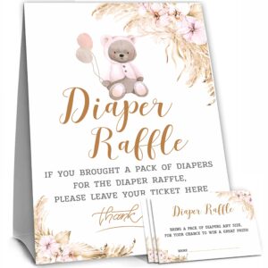 50 diaper raffle tickets and 1 self-standing diaper raffle sign, bear boho floral baby gender reveal party supplies, gender neutral baby shower decorations - lblk-013