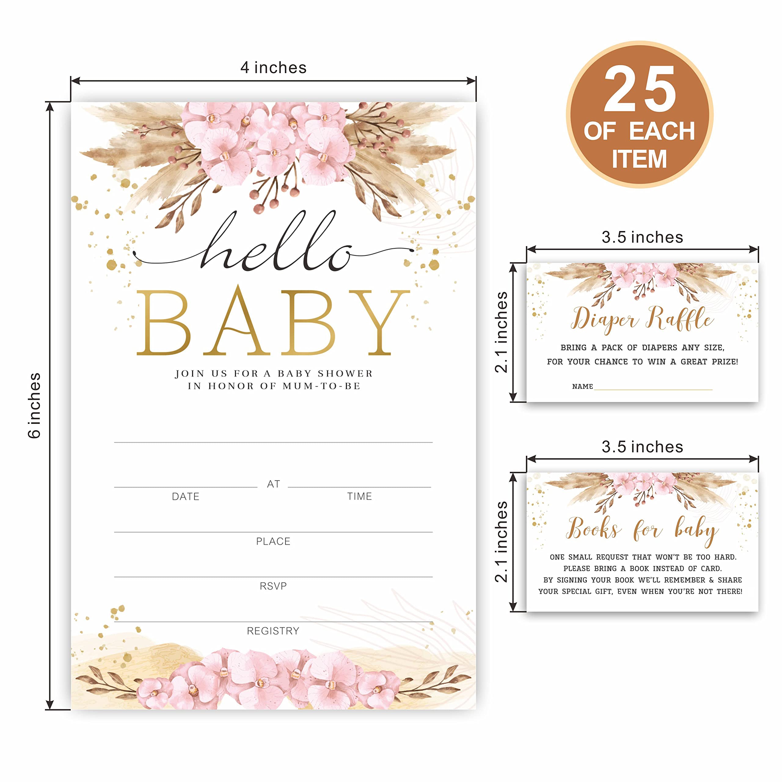 Baby Shower Invitations, Diaper Raffle Tickets and Baby Shower Book Request Cards, Blush Pink Boho Floral Baby Gender Reveal Party Supplies, Gender Neutral Baby Shower Decorations - 25 Sets(YQKTZ-019)