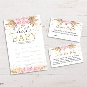 Baby Shower Invitations, Diaper Raffle Tickets and Baby Shower Book Request Cards, Blush Pink Boho Floral Baby Gender Reveal Party Supplies, Gender Neutral Baby Shower Decorations - 25 Sets(YQKTZ-019)