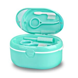 denture case, double denture slot cup case wet & dry portable denture case portable false teeth container, denture cup with lid for cleaning household office travel (green)