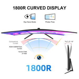 Gawfolk 2K 165Hz Curved Monitor, 27 Inch QHD 2560x1440p 144Hz Gaming Monitor with AMD FreeSync, Flicker-Free, 2X HDMI 2.0, DP 1.4, Ultra-Thin Frameless 1800R Screen PC Monitor