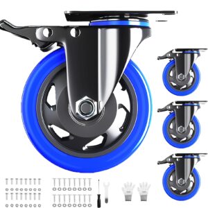 5 inch caster wheels with safety dual locking, heavy duty casters set of 4, industrial swivel casters 2400lbs, polyurethane no noise wheels for cart, furniture(bonus of 2 hardware kits)