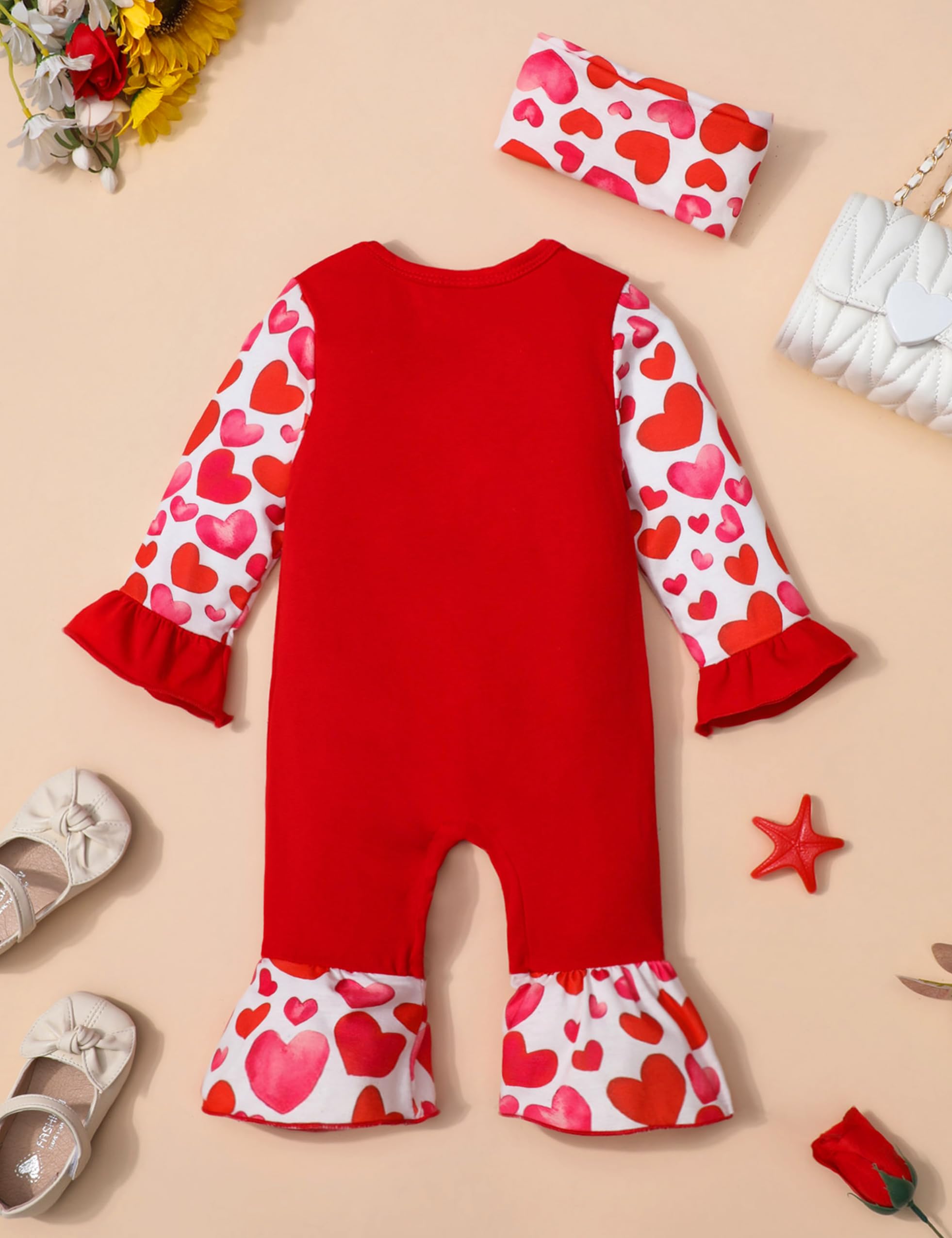 Valentines Baby Girl Outfit, 0-3 Months My First Valentines Day Baby Girl Outfit Letter Printed Long Sleeve Romper Ruffle Jumpsuits with Headband 2Pcs Set