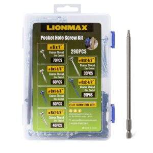 lionmax pocket hole screws assortment kit 290pcs, 6 size pocket hole screws kit, coarse thread, washer head, self tapping for soft wood, 150mm square drive bit included