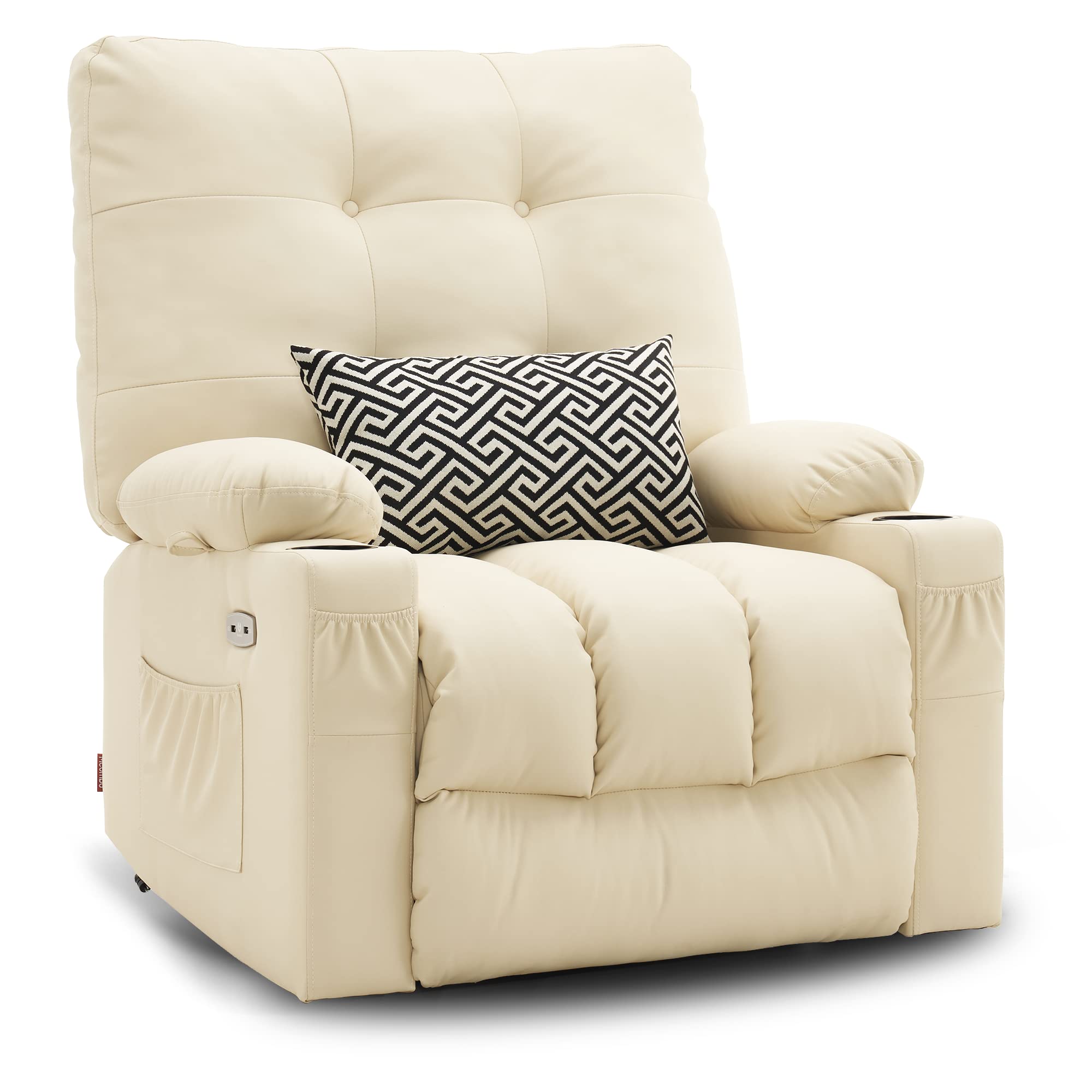 MCombo Large Power Swivel Glider Rocker Recliner Chair with Vibration and Heat for Nursery and USB Ports, Cup Holders and Pockets, Faux Leather 7748 (No Lift Chair) (Cream White, Large)