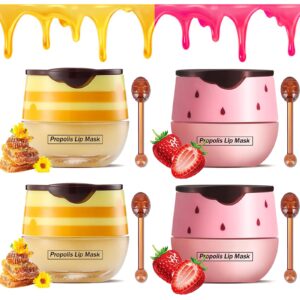 4pcs honey lip balm honey pot & strawberry sleeping lip mask, propolis moisturizing honey lip mask lip balm, hydrating & prevention dry and cracked lip scrubs exfoliator, winter lip care products