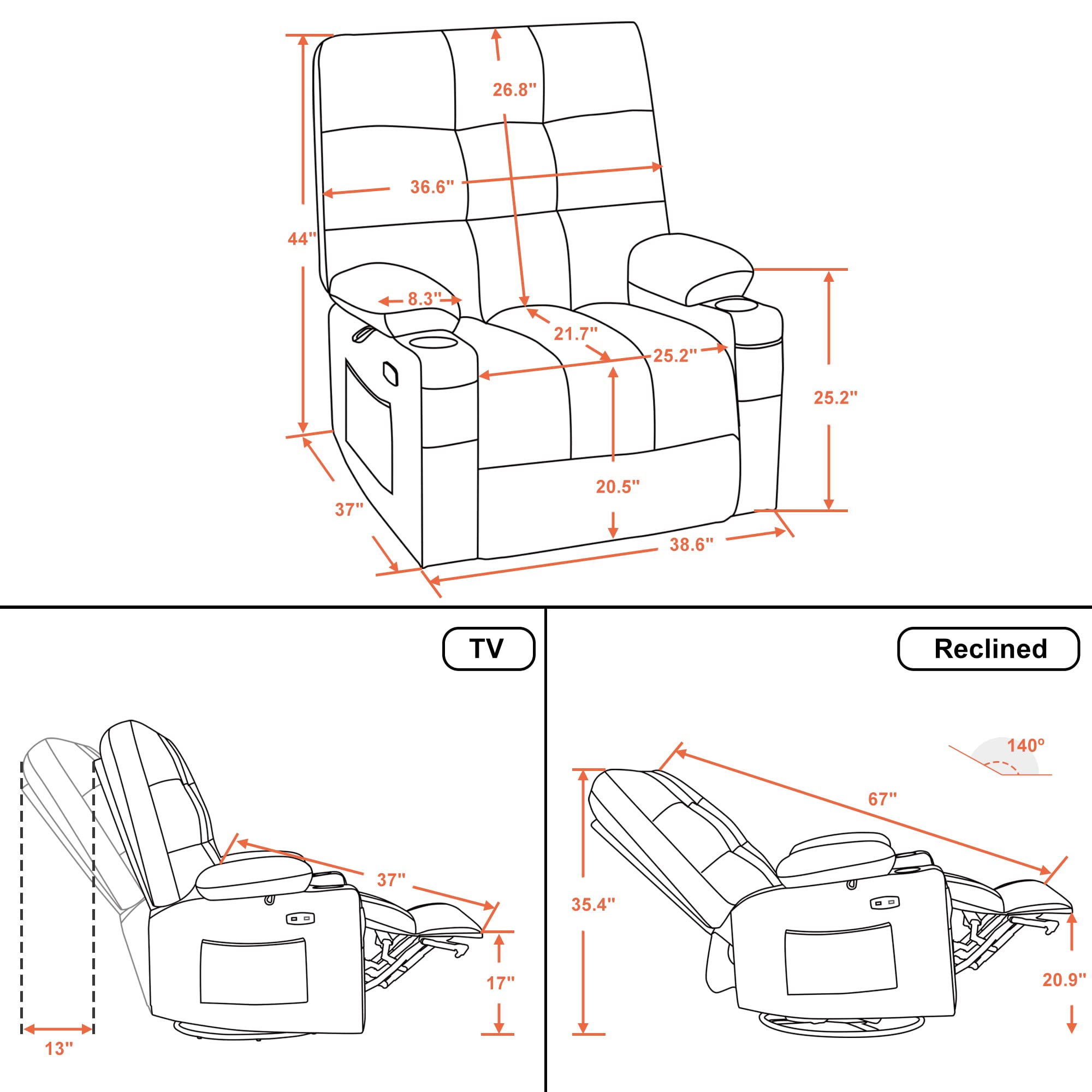 MCombo Large Power Swivel Glider Rocker Recliner Chair with Vibration and Heat for Nursery and USB Ports, Cup Holders and Pockets, Faux Leather 7748 (No Lift Chair) (Cream White, Large)