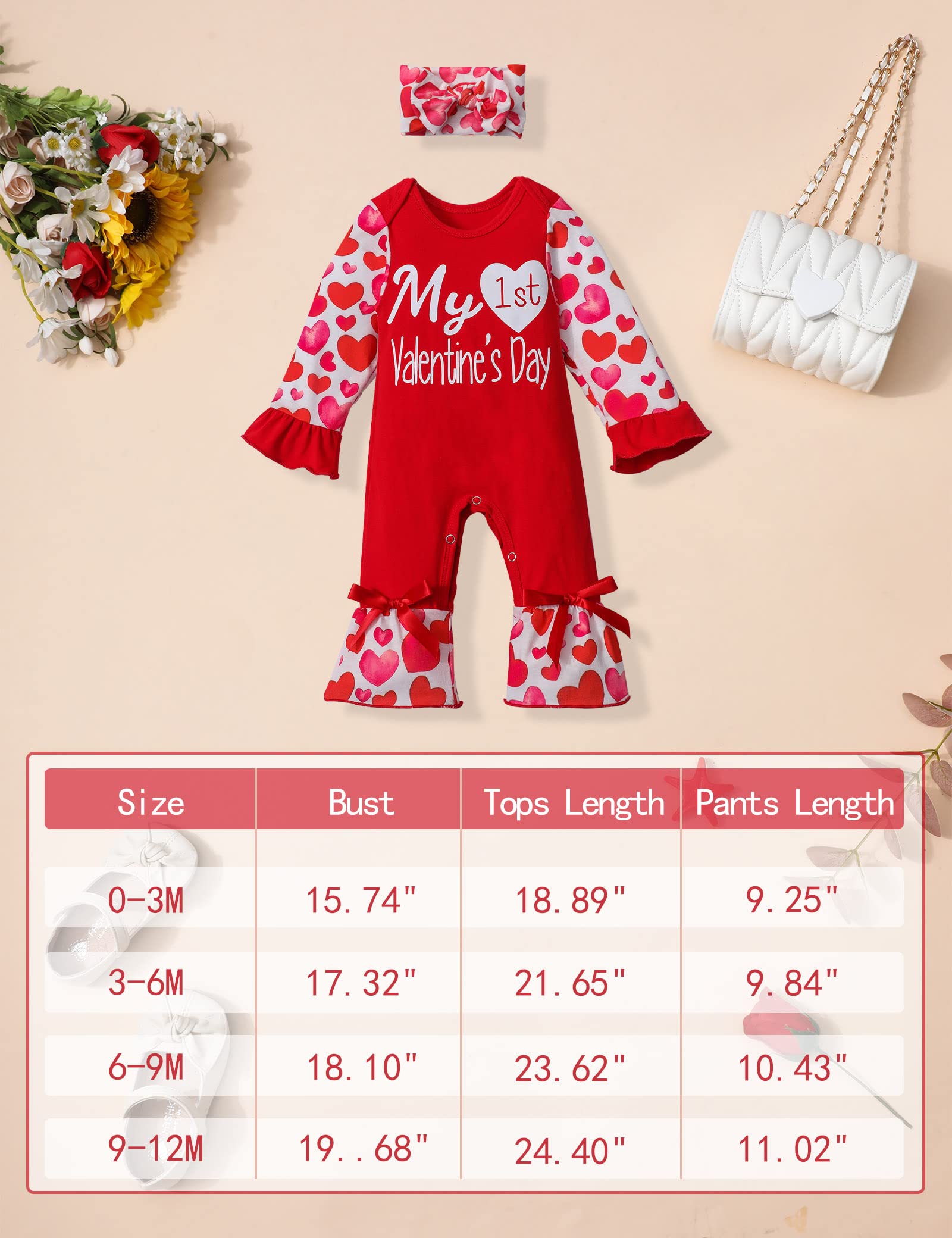 Valentines Baby Girl Outfit, 0-3 Months My First Valentines Day Baby Girl Outfit Letter Printed Long Sleeve Romper Ruffle Jumpsuits with Headband 2Pcs Set