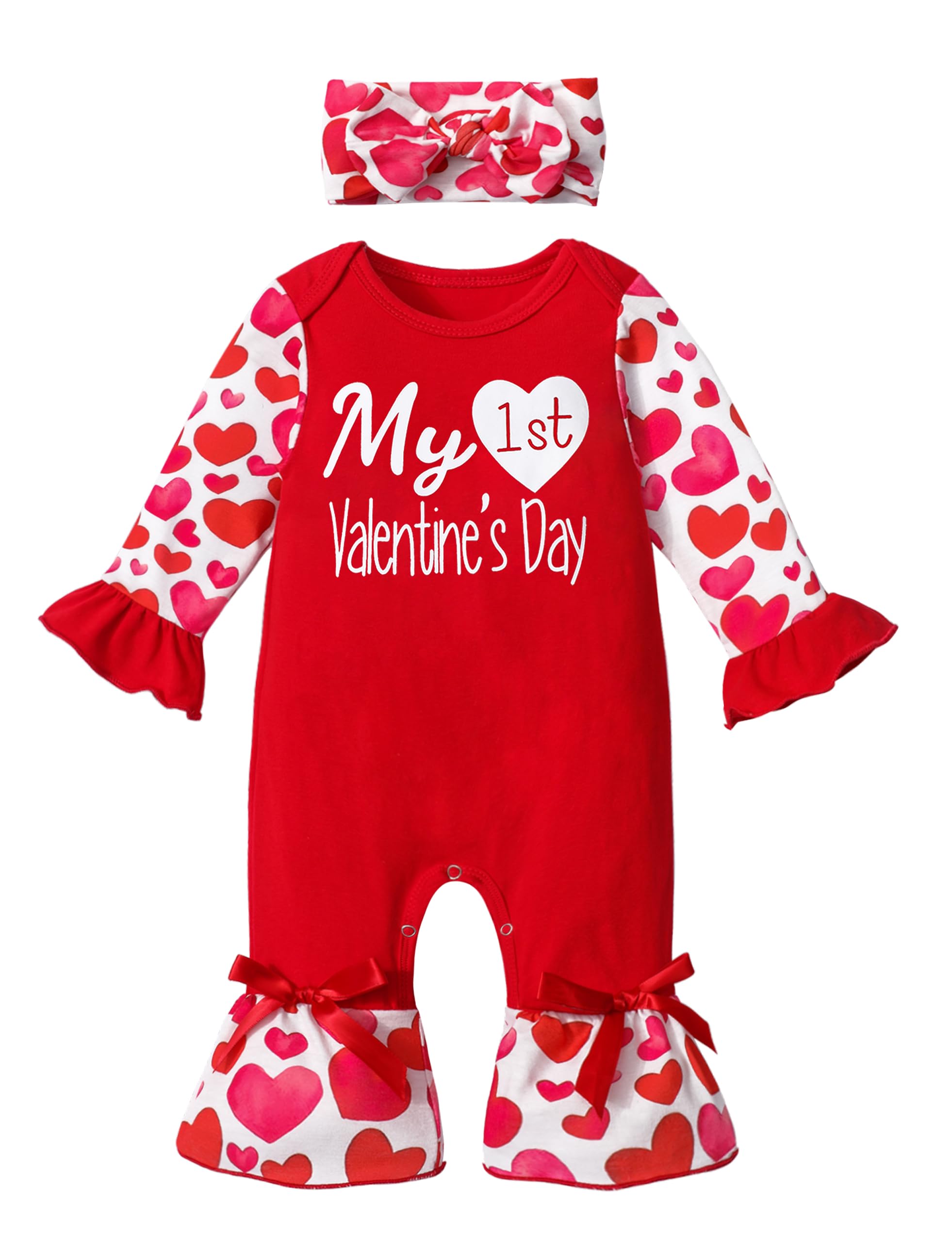 Valentines Baby Girl Outfit, 0-3 Months My First Valentines Day Baby Girl Outfit Letter Printed Long Sleeve Romper Ruffle Jumpsuits with Headband 2Pcs Set