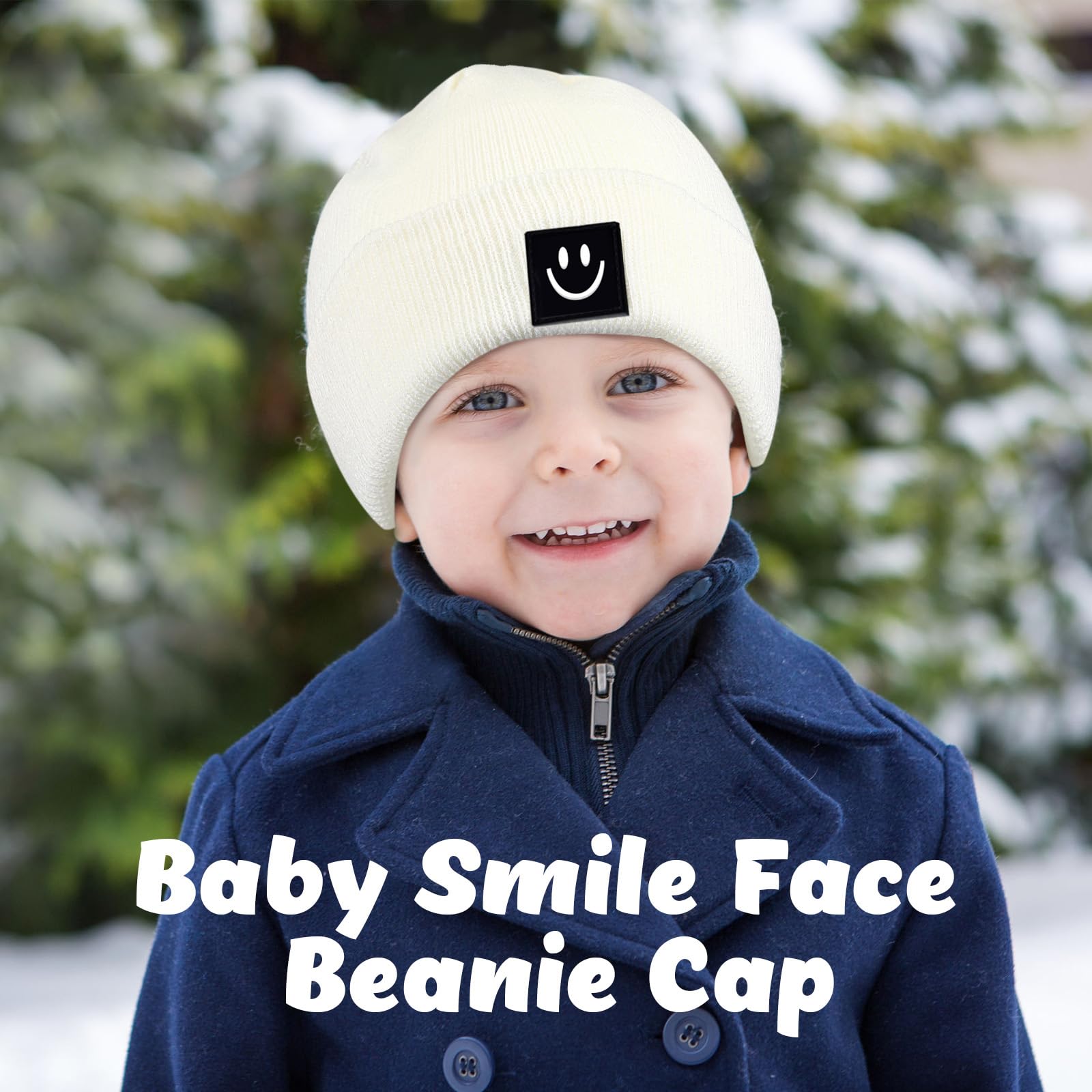 Mepase 3 Pcs Baby Smile Face Beanie Cap Beanie Knit Hats for Toddler Kids Beanie Caps Smile Face Embroidered Soft Winter Hats (US, Age, 6 Months, 36 Months, Black, White and Caramel)