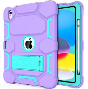 ccmao for ipad 10th generation case 10.9 inch 2022, ipad 10 case with kickstand & pencil holder, heavy duty shockproof hybrid three layer protective cover for girls women, purple+green