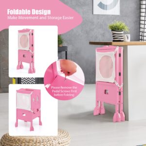 Costzon Kids Kitchen Step Stool with Safety Rail, Folding Wooden Step Helper w/Adjustable Height, Blackboard, Protective Netting, Stable Fixed Feet, Countertop Standing Tower for Toddlers(Pink)