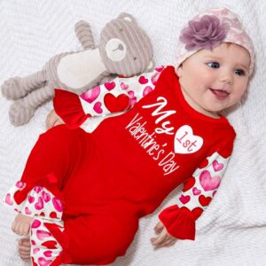 Valentines Baby Girl Outfit, 0-3 Months My First Valentines Day Baby Girl Outfit Letter Printed Long Sleeve Romper Ruffle Jumpsuits with Headband 2Pcs Set