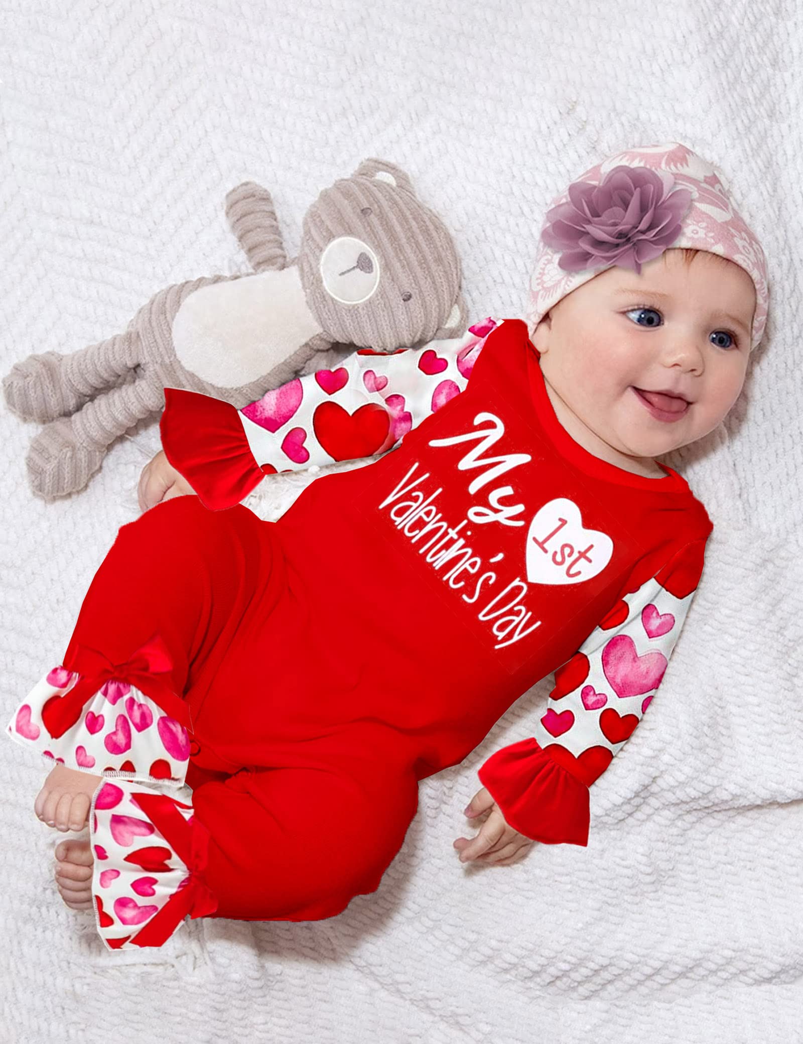 Valentines Baby Girl Outfit, 0-3 Months My First Valentines Day Baby Girl Outfit Letter Printed Long Sleeve Romper Ruffle Jumpsuits with Headband 2Pcs Set