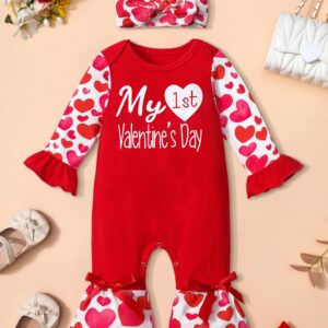 Valentines Baby Girl Outfit, 0-3 Months My First Valentines Day Baby Girl Outfit Letter Printed Long Sleeve Romper Ruffle Jumpsuits with Headband 2Pcs Set