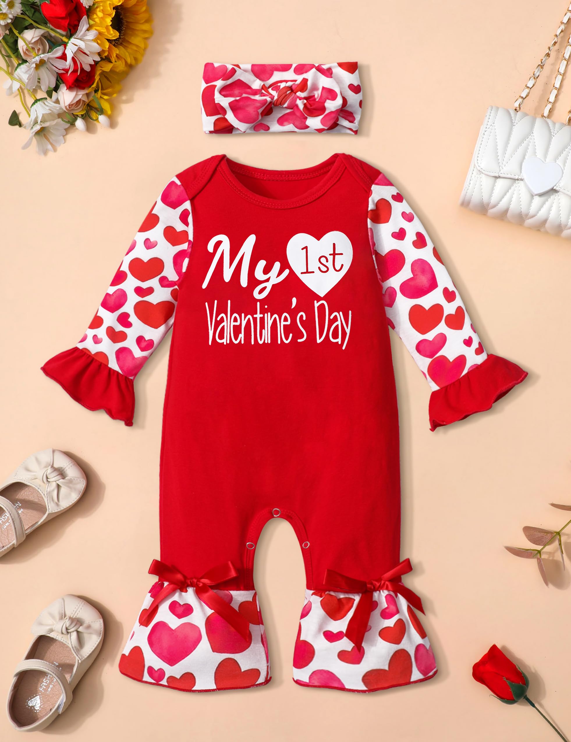 Valentines Baby Girl Outfit, 0-3 Months My First Valentines Day Baby Girl Outfit Letter Printed Long Sleeve Romper Ruffle Jumpsuits with Headband 2Pcs Set