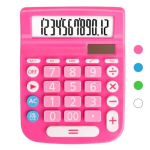 calculators desktop, large display big button, solar and battery dual power, 12 digit small basic standard functional calculator cute for office, home, school (pink)