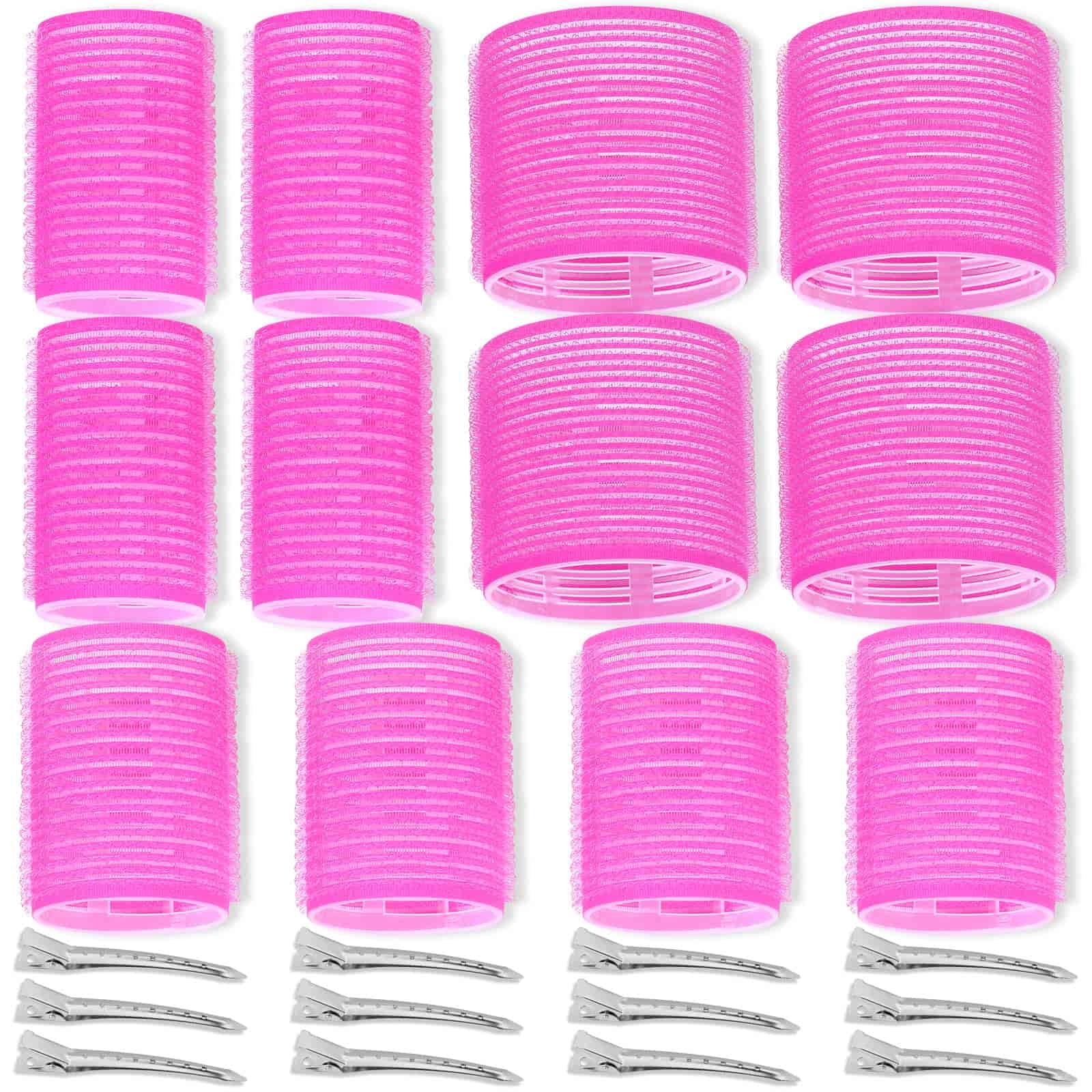 Self Grip Hair Rollers Curlers Set - 24 Pieces with 3 Sizes (4 Jumbo, 4 Large, 4 Medium) and 12 Clips for Volume on Long, Short, Thick, or Fine Hair