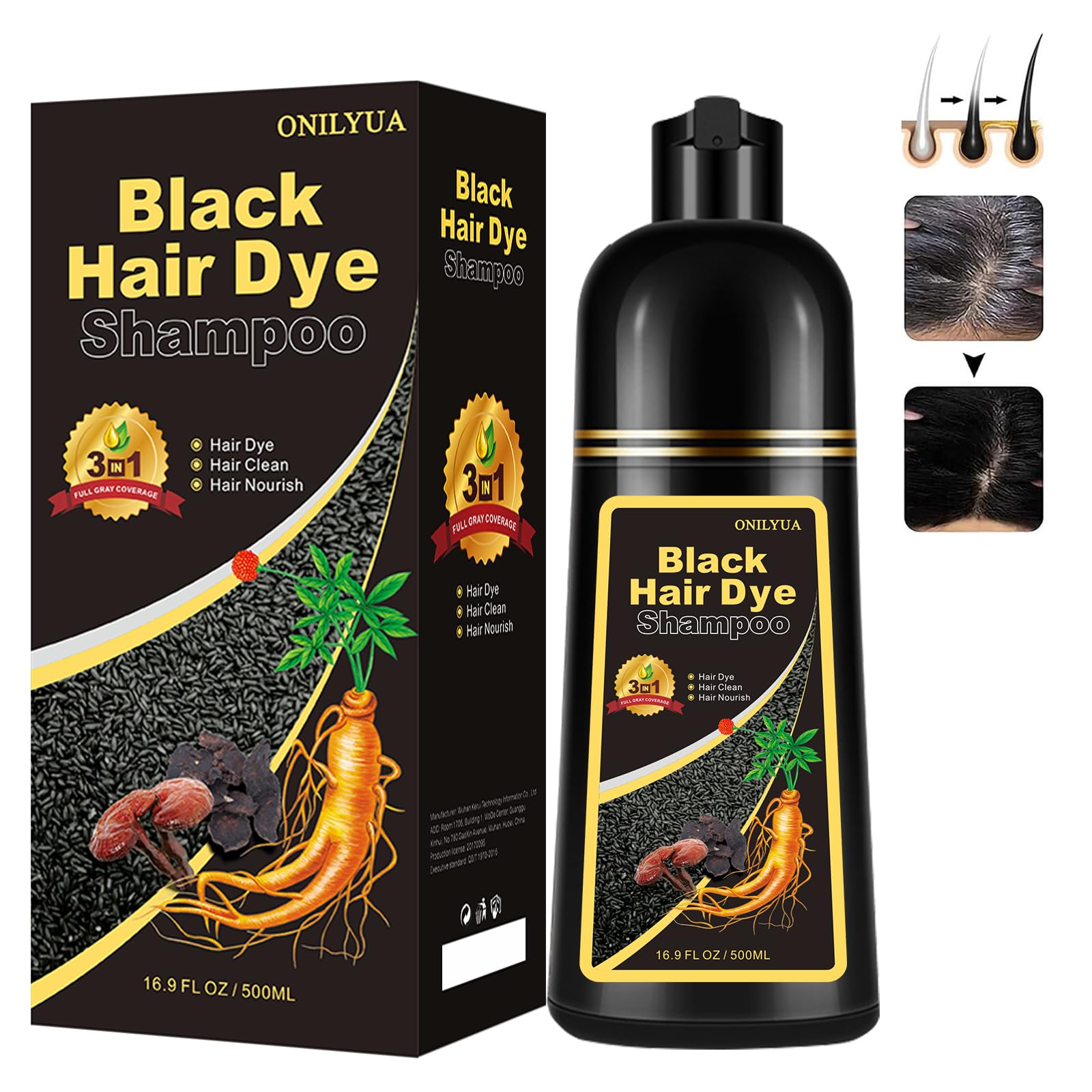 Fvquhvo Instant Black Hair Shampoo Hair Color Shampoo for Gray Hair, 16.9 Fl Oz, Natural long lasting Black Hair Dye Shampoo 3 in 1 for Men & Women, Black Shampoo Easy to Use at Home