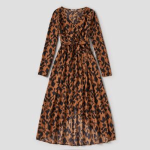 Mommy and Me Matching Dresses Floral Printed Split Ruffled Boho A-Line Long Dress V Neck and Round Neck Long Sleeve Casual Fall Winter Mom Daughter Matching Outfits Brown Leopard Medium