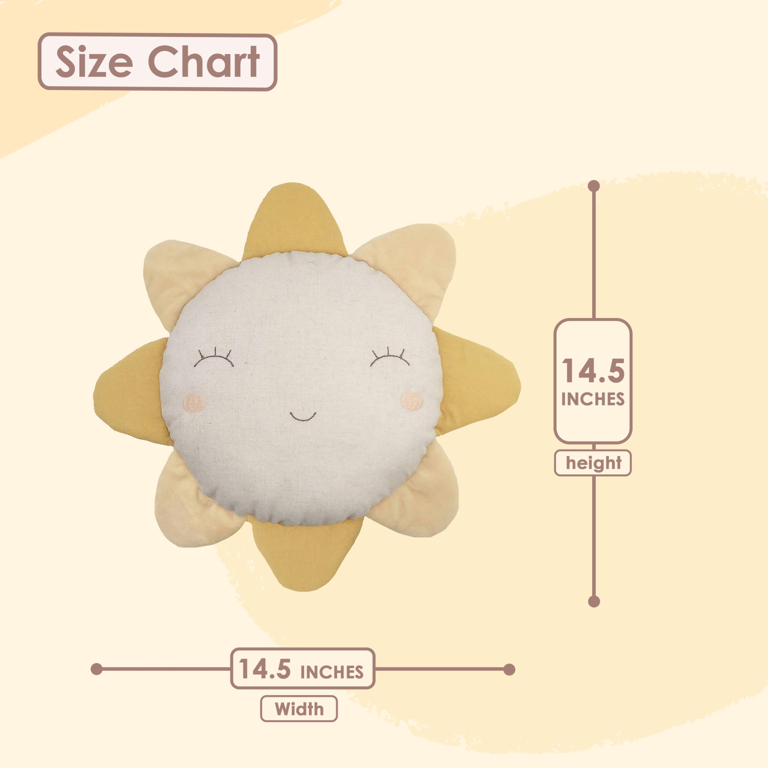 MON AMI Sunny Day Sun Shaped Pillow – 14.5”, Plush Floor Pillow & Decorative Cushion for Child’s Nursery, Bed or Couch, Cute Room Décor