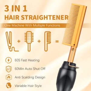 Hot Comb Electric Pressing Comb with Anti-Scald and Ceramic Plates - Versatile Hair Straightener, Curler, and Heated Brush for Beard Styling and Travel