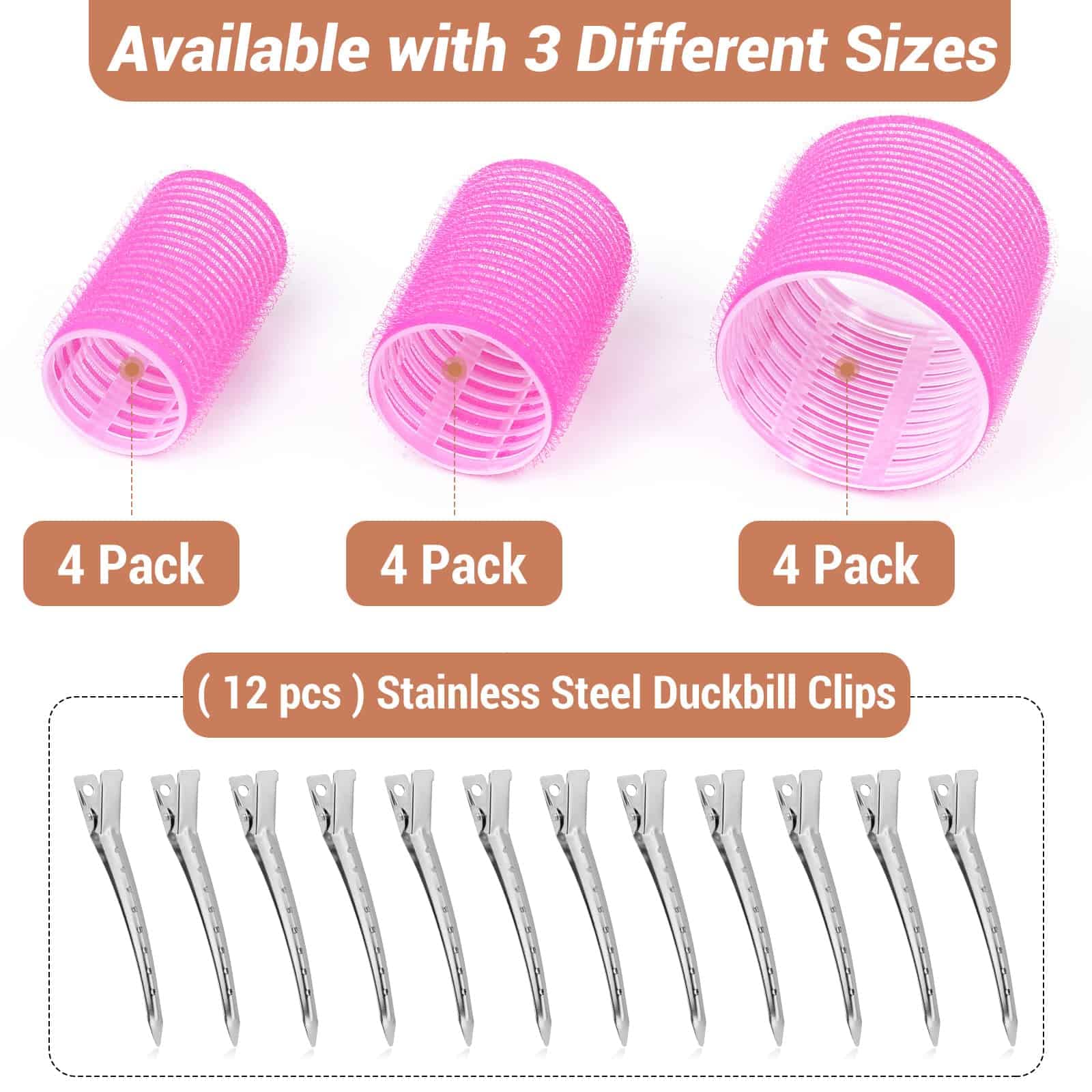 Self Grip Hair Rollers Curlers Set - 24 Pieces with 3 Sizes (4 Jumbo, 4 Large, 4 Medium) and 12 Clips for Volume on Long, Short, Thick, or Fine Hair