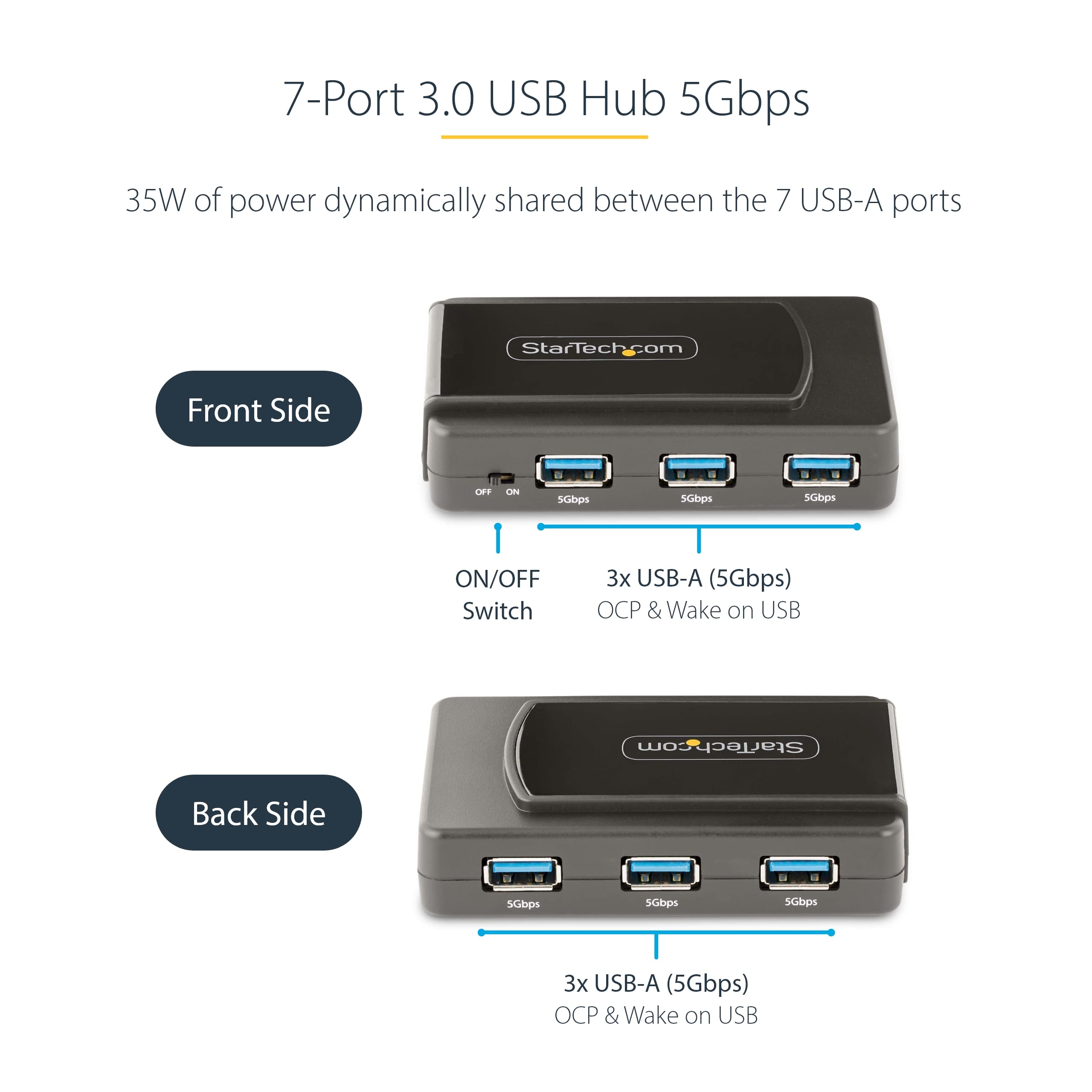 StarTech.com 7-Port USB Hub with On/Off Switch - USB 3.0 5Gbps - USB-A to 7X USB-A - Compact Self Powered USB-A Hub w/ 35W Power Supply - Desktop/Laptop USB Hub - USB Expansion Hub (5G7AS-USB-A-HUB)