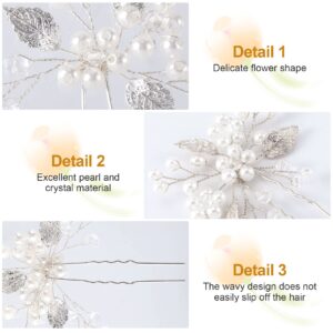 ANCIRS 3 Pack Pearl Bridal Wedding Hair Styling Pins, Vintage Leaves Style Bride Head Piece, U Shape Rhinestone Flower Hair Accessories for Women & Girls Bridesmaids Wedding Hairstyles- Silver