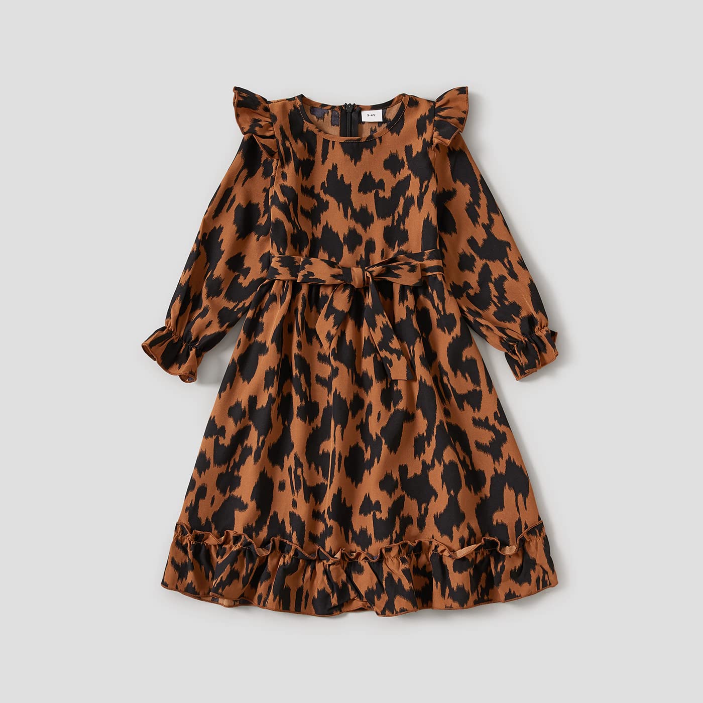 Mommy and Me Matching Dresses Floral Printed Split Ruffled Boho A-Line Long Dress V Neck and Round Neck Long Sleeve Casual Fall Winter Mom Daughter Matching Outfits Brown Leopard Medium