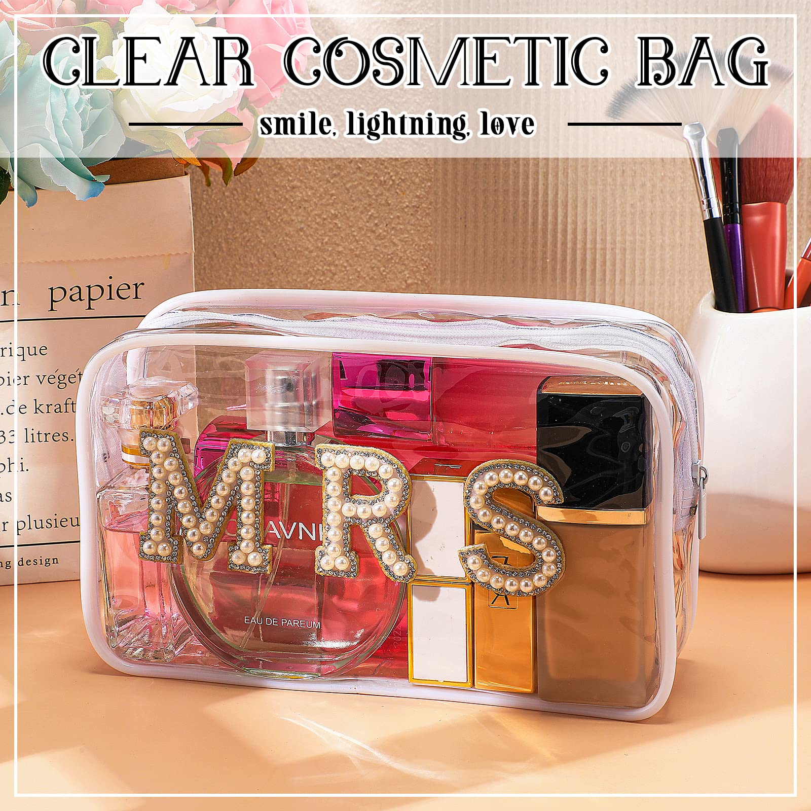 LEIFIDE Bride Bag Clear Makeup Bag Bride Gift Cosmetic Bag Mrs Pearl Bags Bride Toiletry Bag Wifey Makeup Pouch Rhinestone Letter PVC Cosmetics Bag Travel Case Bride Purse Portable Bag(MRS Style)