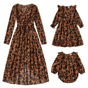 mommy and me matching dresses floral printed split ruffled boho a-line long dress v neck and round neck long sleeve casual fall winter mom daughter matching outfits brown leopard medium