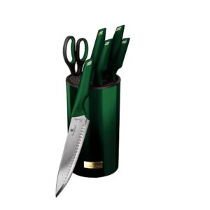 berlinger haus kitchen knife set with block, 7 piece knives set for kitchen, modern cooking knives with kitchen shears, sharp cutting stainless steel chef knife set with mobile stand, green