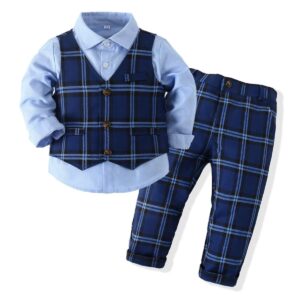 puremilk infant tuxedo long sleeve dress suit shirt + blue plaid vest + plaid pants 3pcs clothes sets for baby boy blue 12-18m