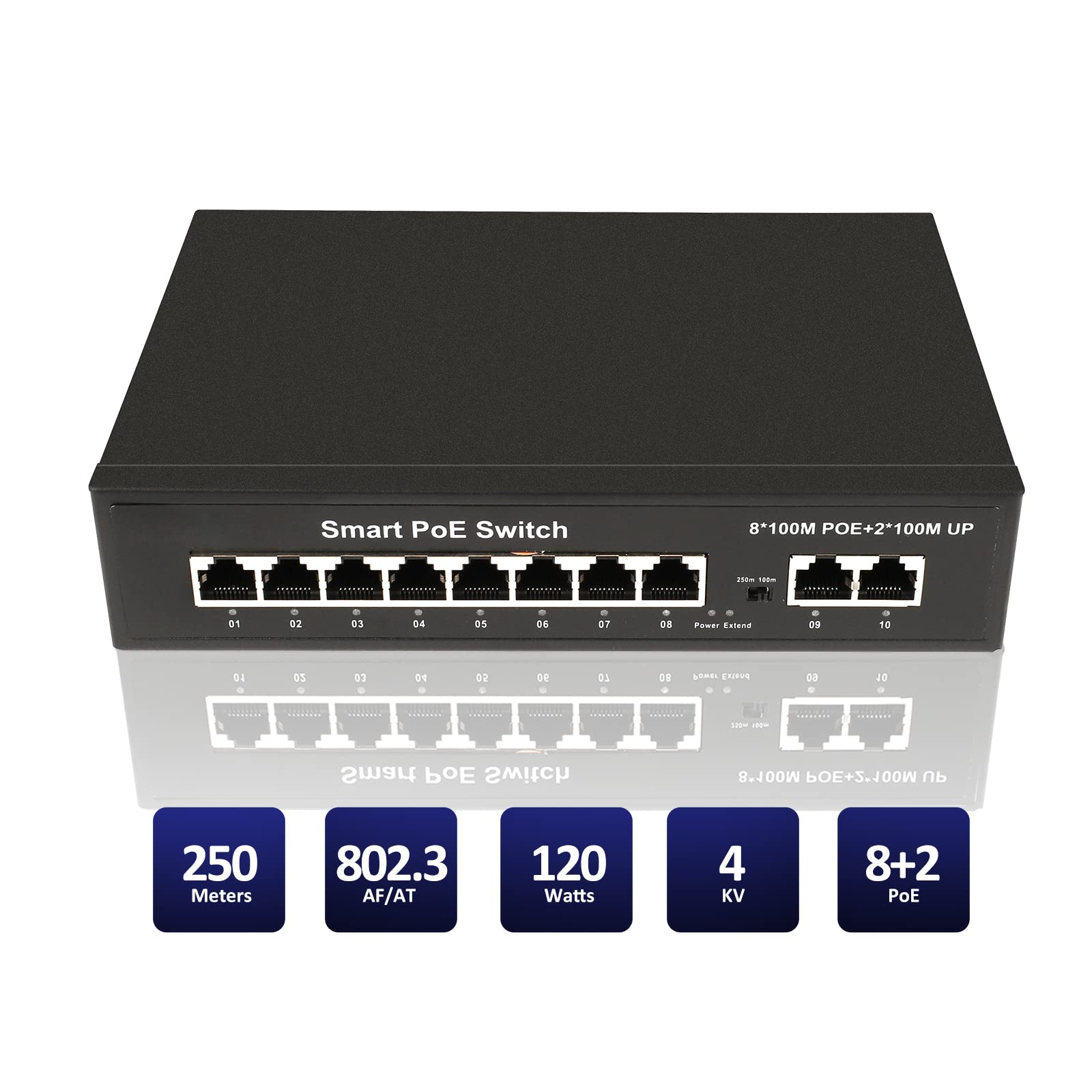 PoE Switch - Cimodun 8 Port PoE Switch with 2 Gigabit Uplink, 802.3af/at PoE+ Port 8 Ethernet Switch, 120W Built-in Power, Unmanaged Metal Plug and Play