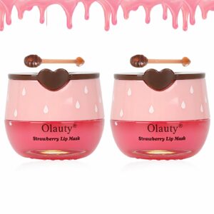 2 pcs strawberry sleeping lip mask, bee lip balm lip mask honey pot propolis moisturizing lip balm with stick,plumping lip hydrating prevention dry & cracked lip scrubs exfoliato lip wrinkle skin care