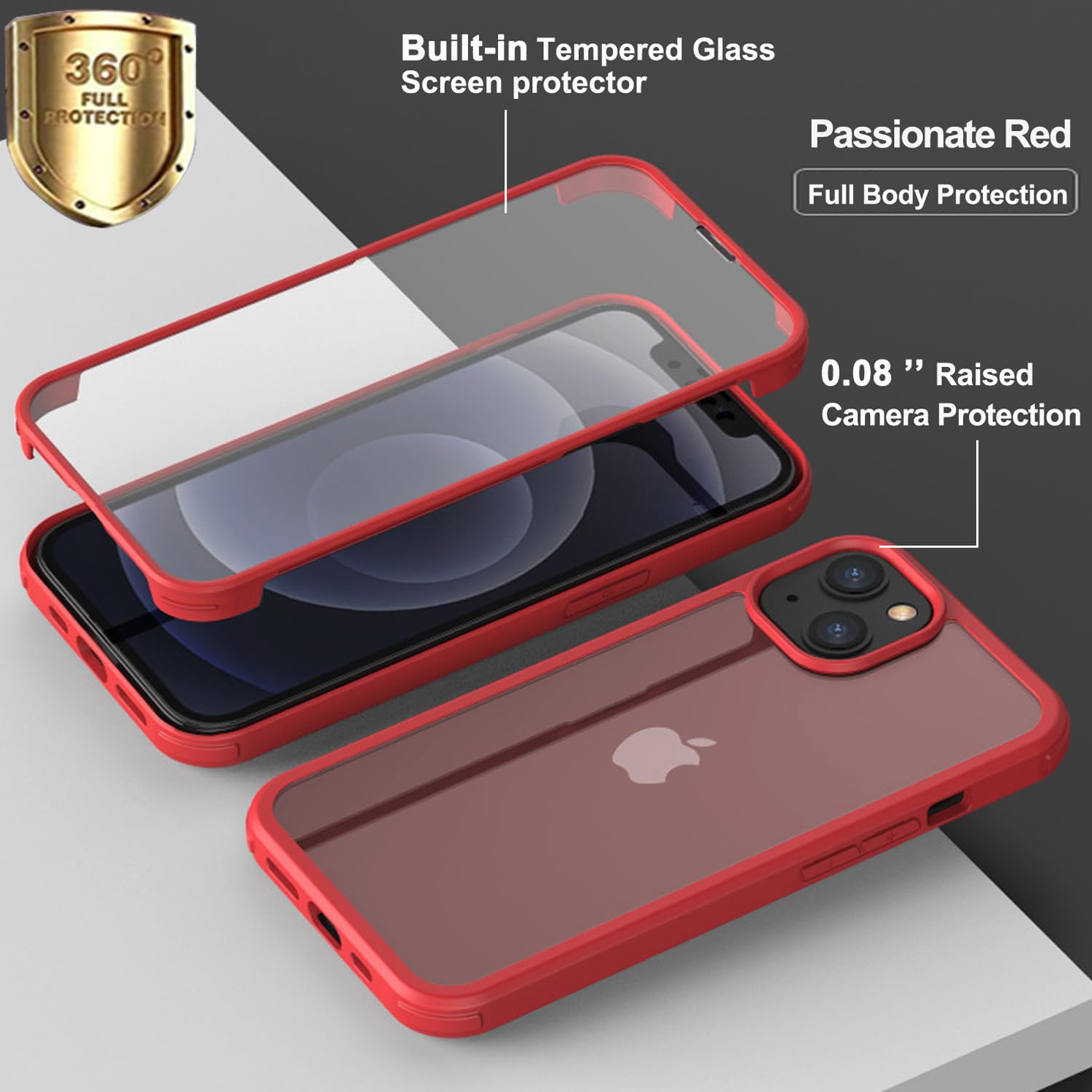 UBUNU for iPhone 14 Case with Screen Protector Built in Tempered Glass Upgraded Dual Layer 360 Full Body Protective Clear Phone Case for iPhone 14 6.1 inch for Men Women - Red