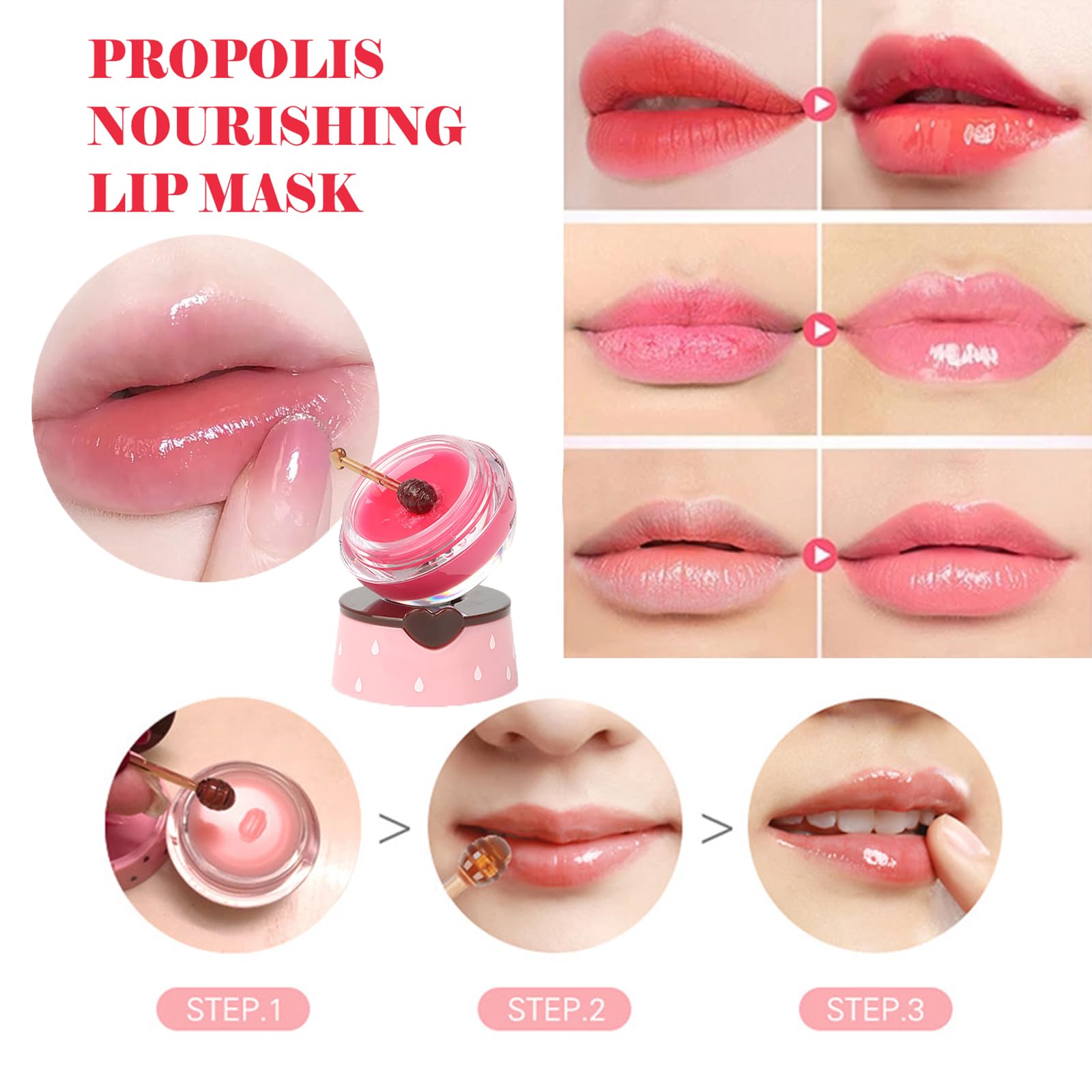 2 PCS Strawberry Sleeping Lip Mask, Bee Lip Balm Lip Mask Honey Pot Propolis Moisturizing Lip Balm with Stick,Plumping Lip Hydrating Prevention Dry & Cracked Lip Scrubs Exfoliato Lip Wrinkle Skin Care