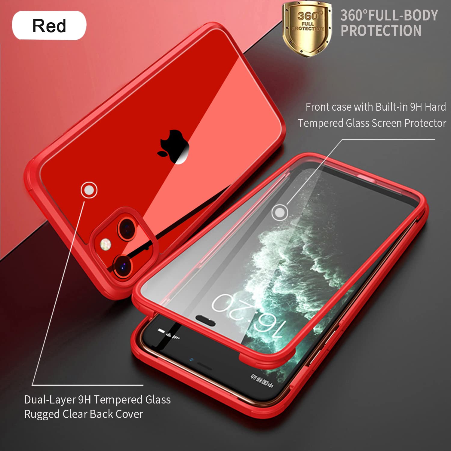 UBUNU for iPhone 14 Case with Screen Protector Built in Tempered Glass Upgraded Dual Layer 360 Full Body Protective Clear Phone Case for iPhone 14 6.1 inch for Men Women - Red