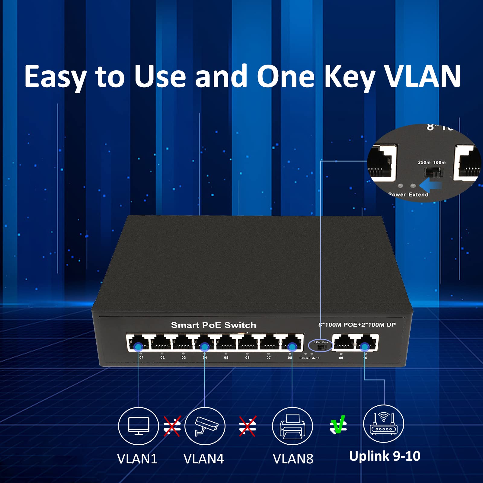 PoE Switch - Cimodun 8 Port PoE Switch with 2 Gigabit Uplink, 802.3af/at PoE+ Port 8 Ethernet Switch, 120W Built-in Power, Unmanaged Metal Plug and Play