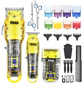 dsp hair clipper, trimmer, beard shaver kit for men professional barber set for hair and beard cutting zero gap t-blade beard trimmer, rechargeable bald fade clippers with led display (yellow)